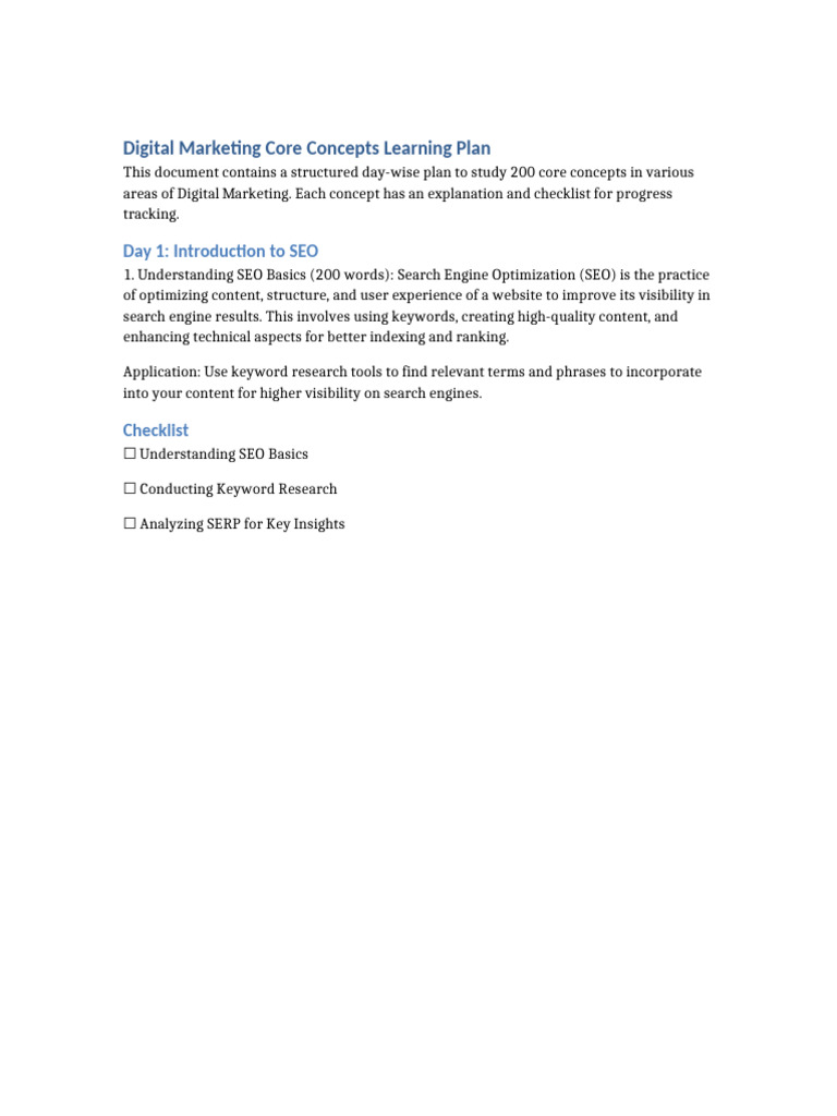Digital Marketing Core Concepts Plan | PDF