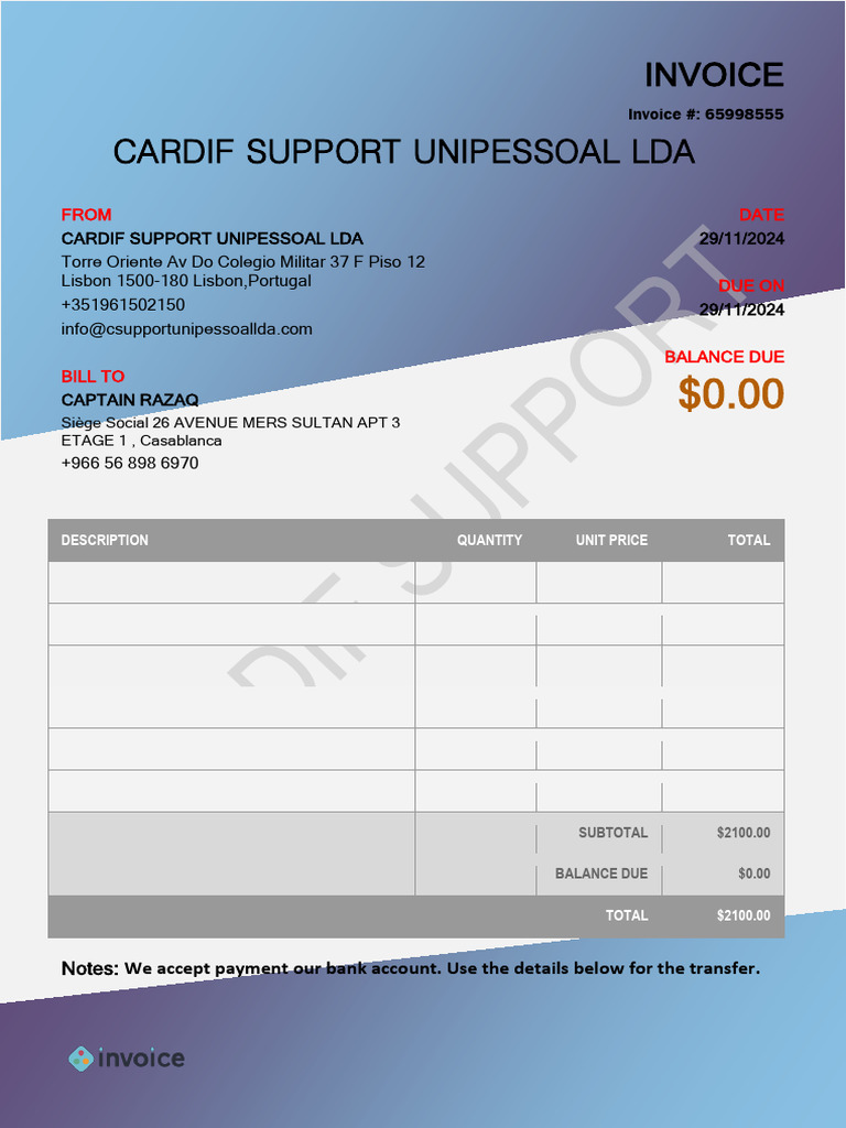 Invoice 659985-55 Cardif Support | PDF