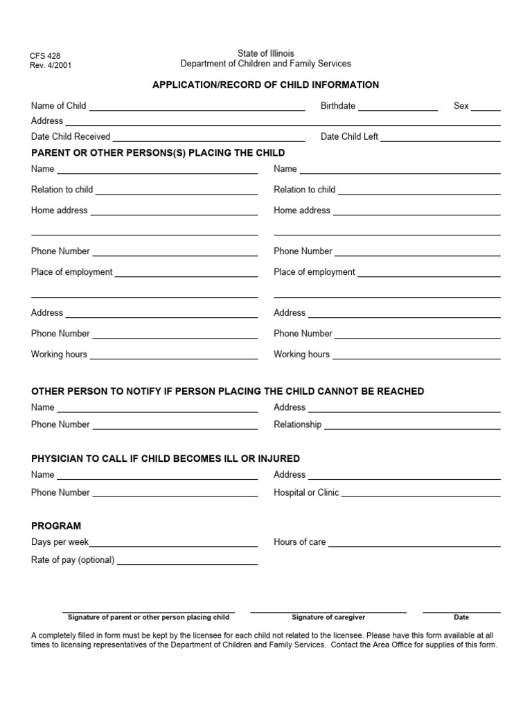 Illinois Child Care Application Form | PDF | Human Development | Health ...