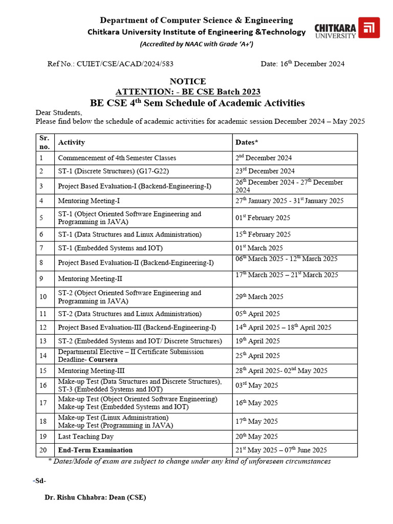 BE CSE 4th Sem Academic Schedule | PDF | Engineering | Computer Science