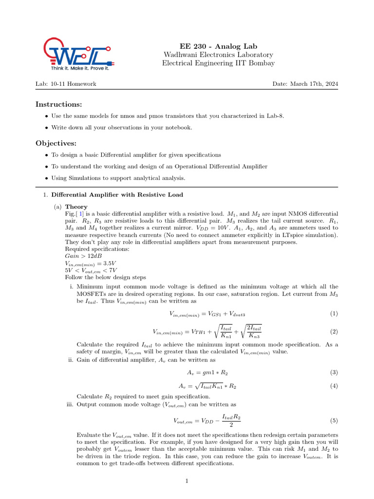 Analog Lab: Differential Amplifiers | PDF | Amplifier | Operational ...