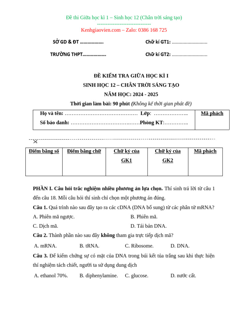 Demo de Thi Ghk1 Sinh 12 Ctst 0 | PDF