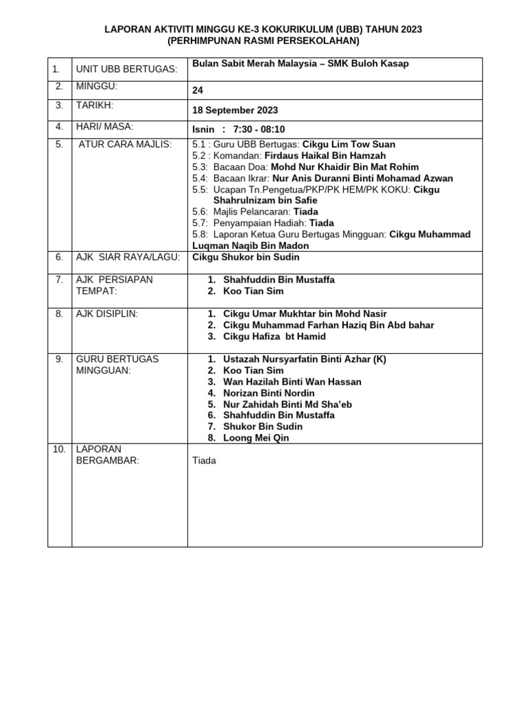 LAPORAN AKTIVITI KOKU- UBB BSMM-2023 | PDF
