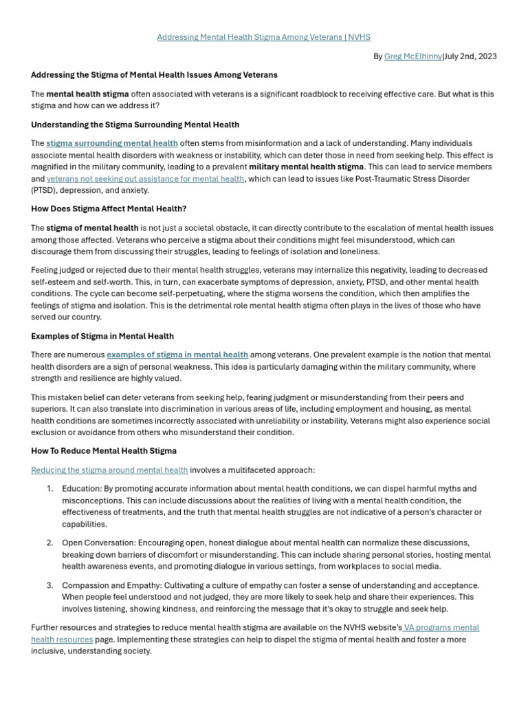 Addressing Mental Health Stigma Among Veterans | PDF | Mental Health ...