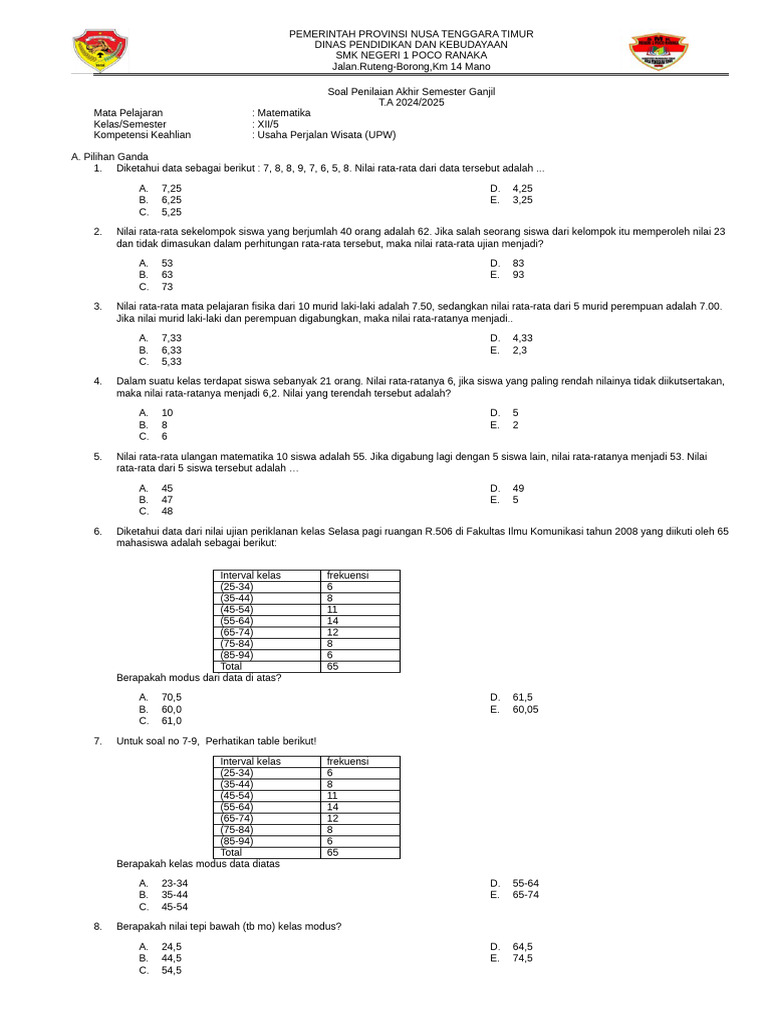 Soal Matek Kelas XII Ganjil 2024 | PDF