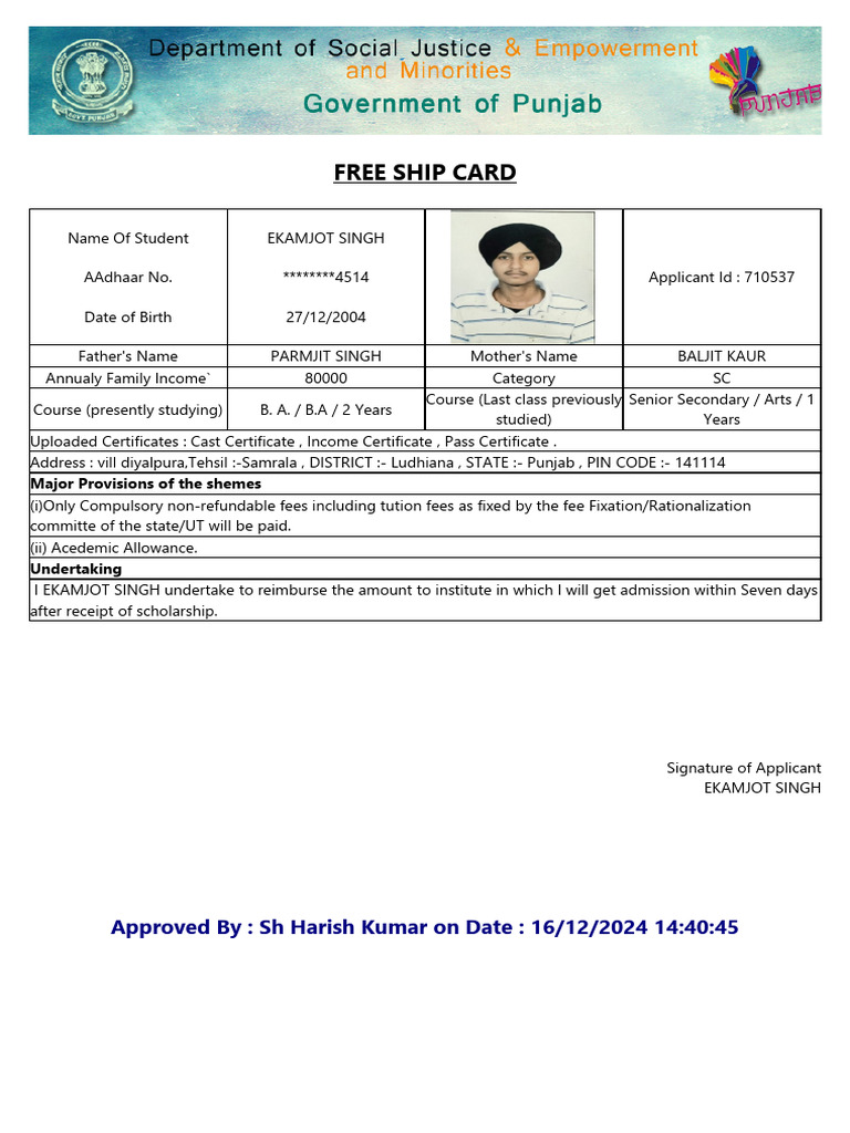 Free Ship Card Details for Ekamjot Singh | PDF