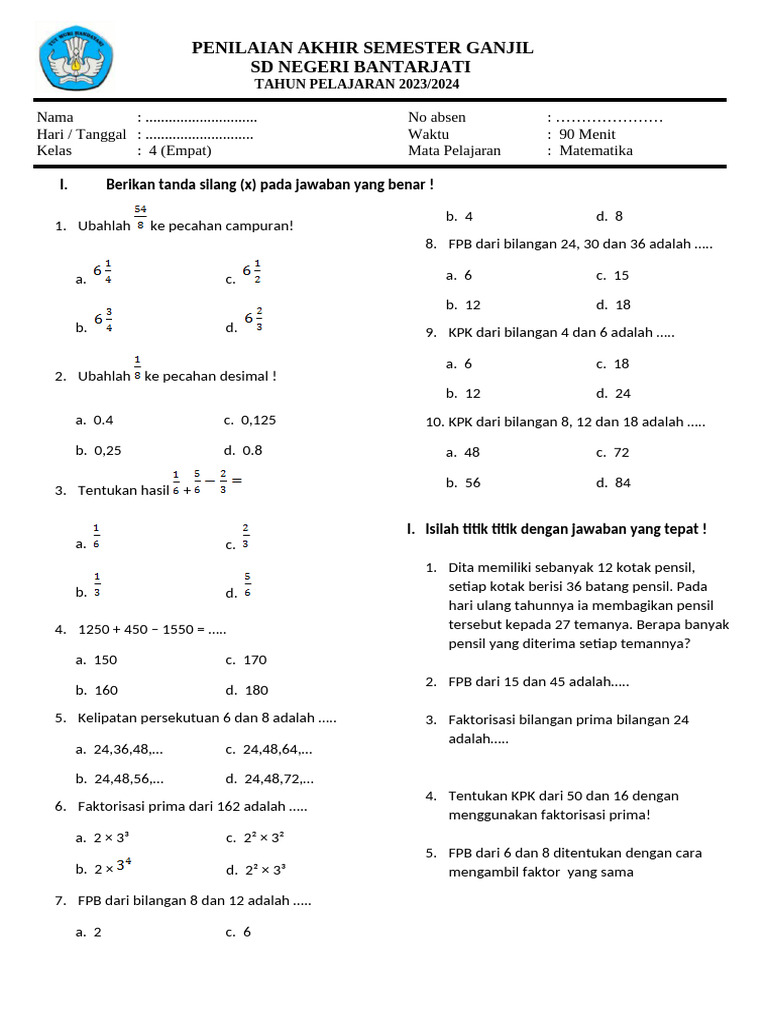 Soal PAS MTK Kelas 4 Smester 1 | PDF