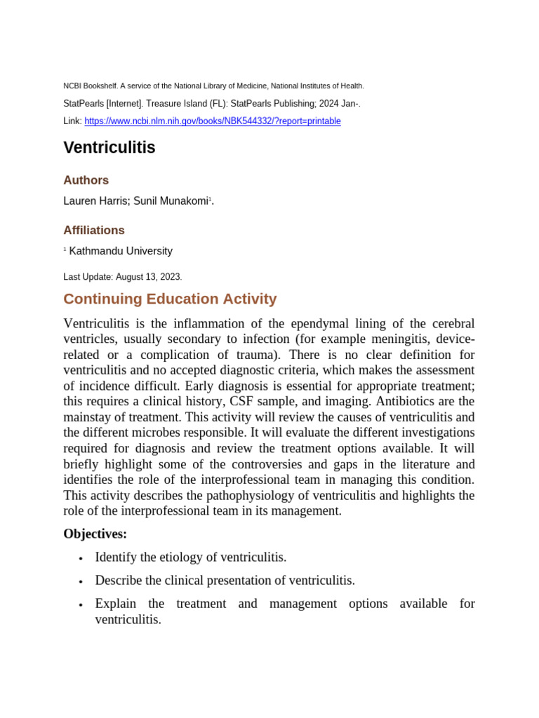 (Infection) Ventriculitis - Ncbi | PDF | Meningitis | Cerebrospinal Fluid