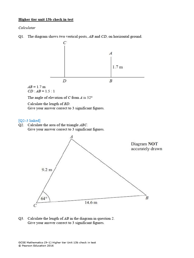 GCSE Maths Higher Tier Unit 13b Test | PDF | Elementary Mathematics ...