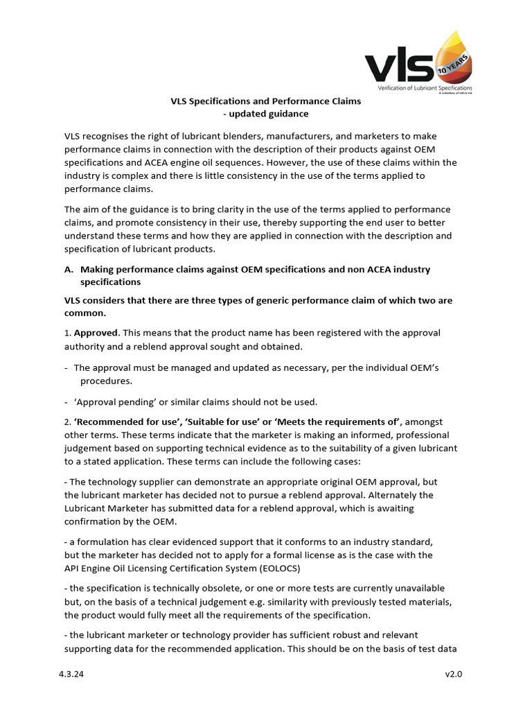 VLS Guidance on Performance Claims | PDF | Motor Oil | Specification ...