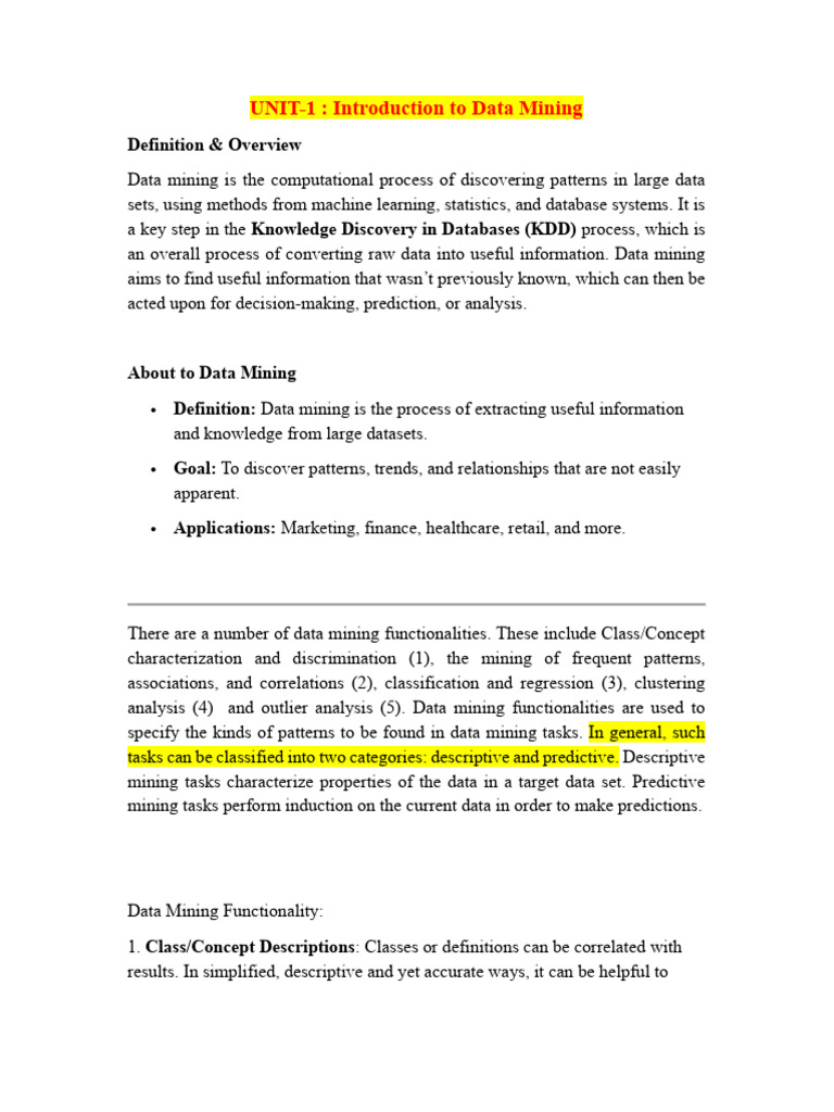 UNIT 1 Introduction of Data Mining | PDF | Data Mining | Statistical Classification