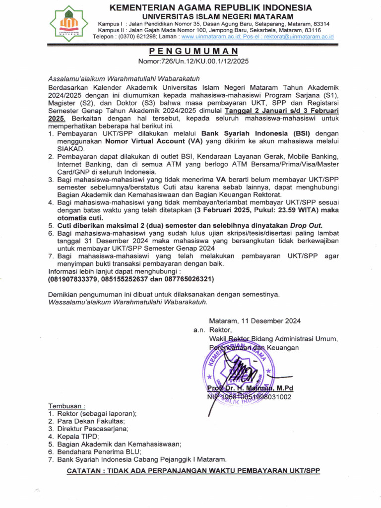 Pengumuman Periode Pembayaran UKT Dan SPP Genap 2024-2025 | PDF