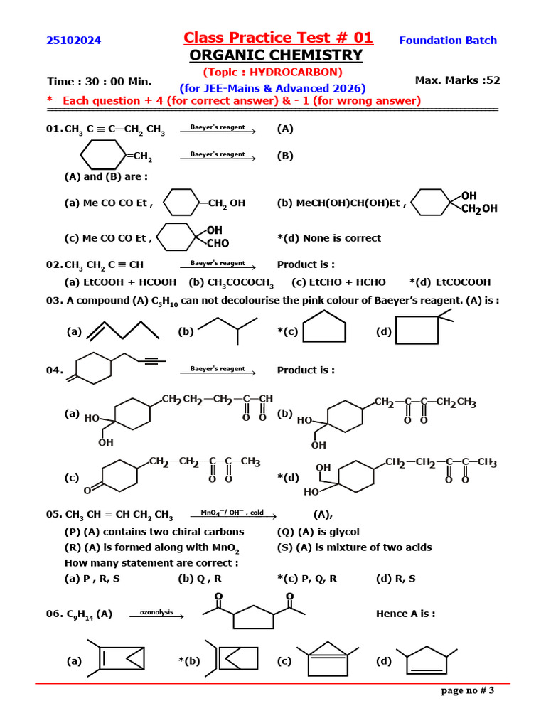 Answer Class Practice Test # 01 (Hydrocarbon) - 241028 - 160423 | PDF ...