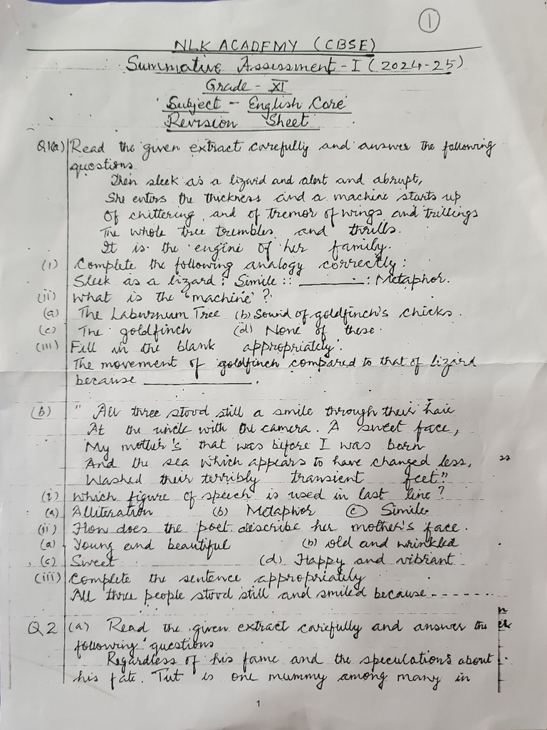 English SA-1 Revision Sheet Grade-11 | PDF