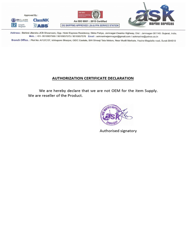 AUTHORIZATION CERTIFICATE DECLARATION | PDF