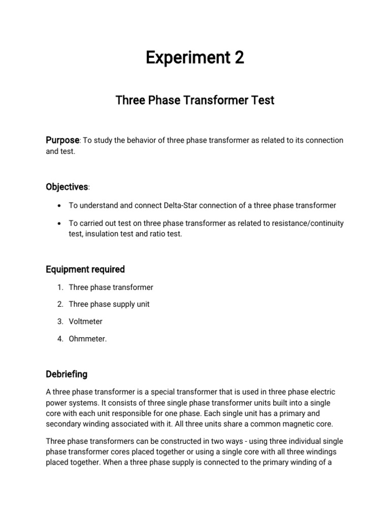 Three Phase Transformer Testing Guide | PDF