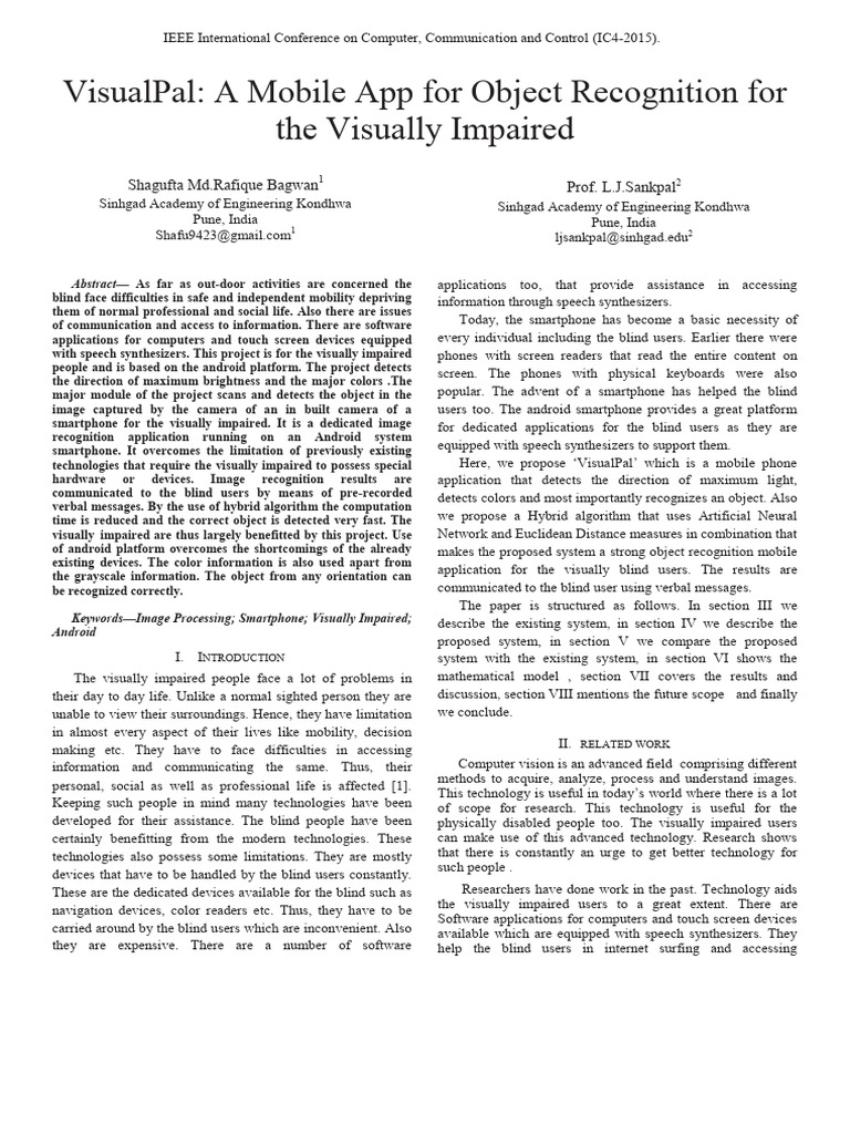 VisualPal A Mobile App For Object Recognition For The Visually Impaired | PDF | Smartphone ...