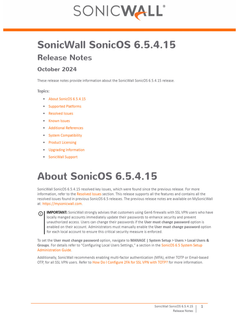 SonicOS 6.5.4.15 ReleaseNotes | PDF | Transport Layer Security | Trademark