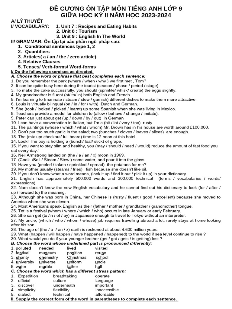 -ĐỀ CƯƠNG A9 GHK II (23-24) | PDF | English Language | Cooking