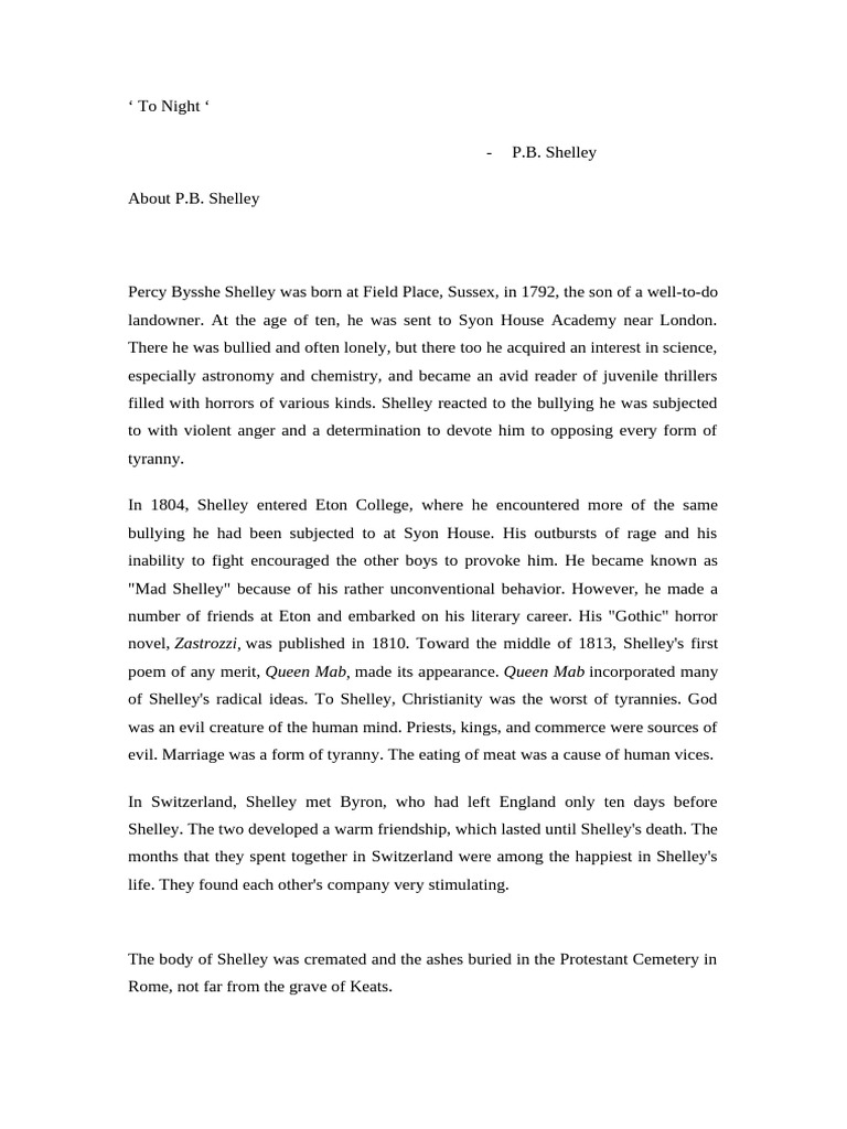 To Night ‘ analysis | PDF | Percy Bysshe Shelley | Poetry