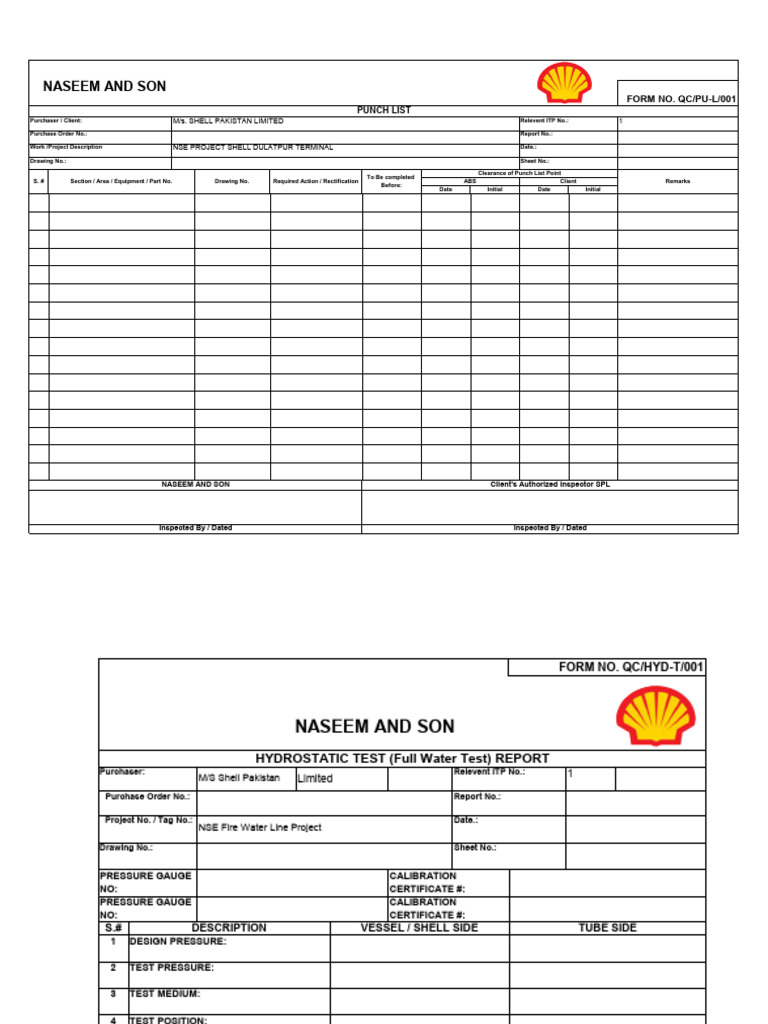 HYDRO TEST AND PUNCH LIST | PDF | Physical Quantities | Continuum Mechanics
