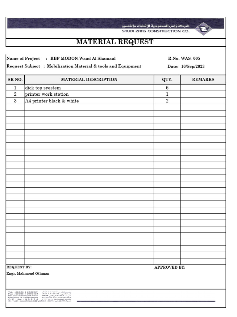00-Material Request Was 05 | PDF
