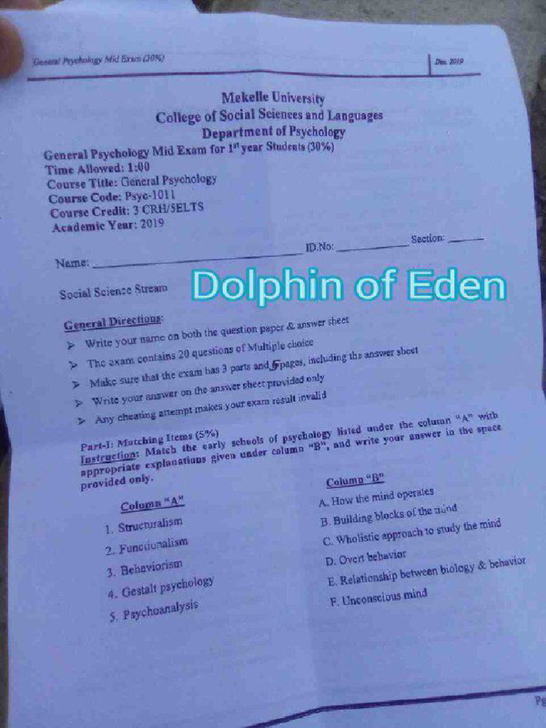 Psychology Midterm Exam 7 (MkU) | PDF