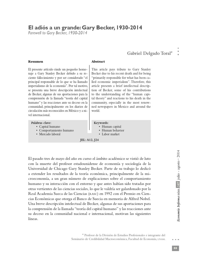 El adiós a un grande Gary Becker, 1930–2014 | PDF | Capital (economía ...