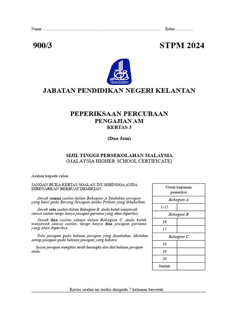 S3soalan Percubaan Pengajian Am Semester 3 Kelantan 2024 | PDF