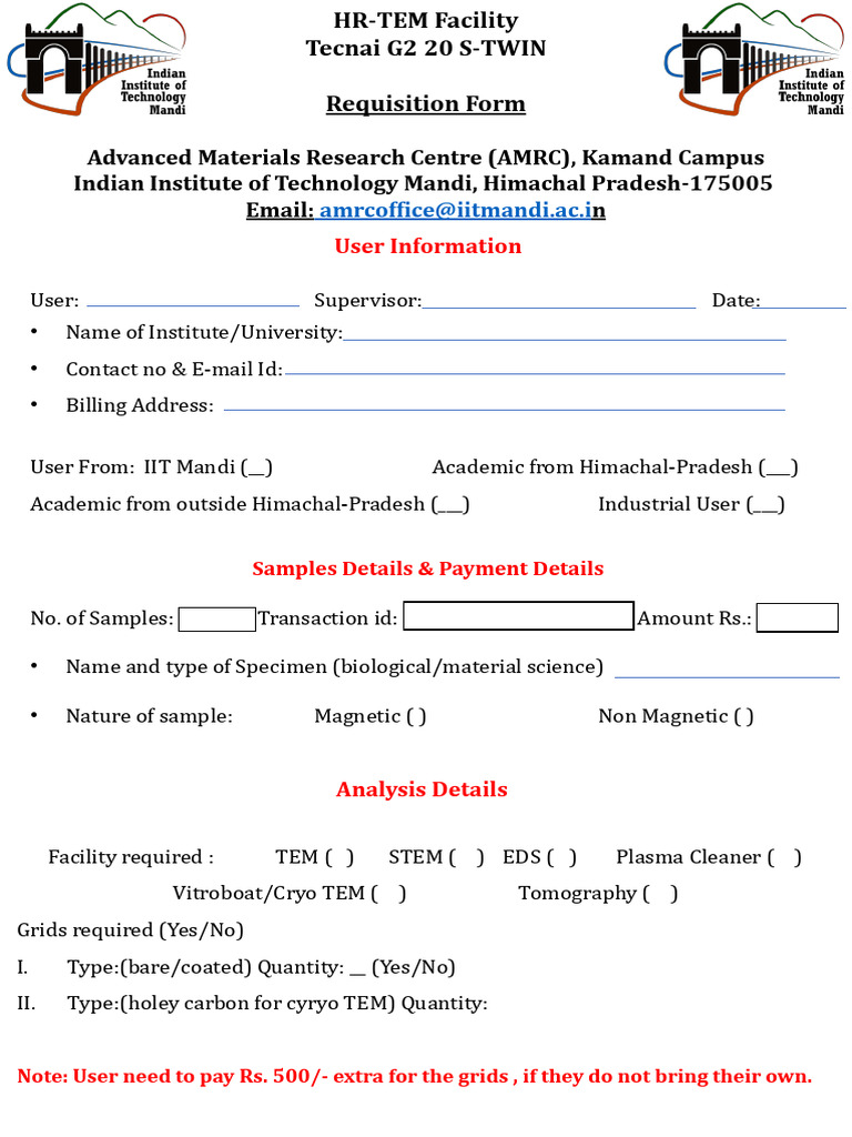 IIT Mandi TEM Facility Requisition Form | PDF | Transmission Electron ...
