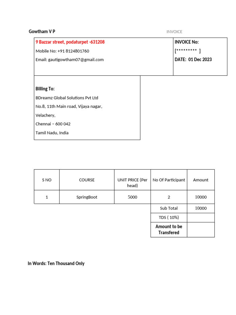Invoice Springboot - Sanjai - Parkavi | PDF