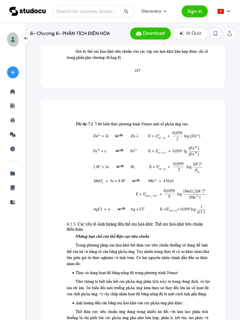 6 - Chương 6 - PHÂN TÍCH ĐIỆN HÓA - CH ̄¡NG 6 C¡ Sà CÁC PH ̄¡NG PHÁP PHÂN TÍCH ĐIÞN HÓA 6. Chất ...
