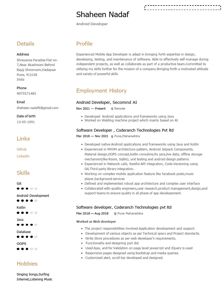 Shaheen Nadaf Android Developer Updated | PDF | Android (Operating System) | Mobile App