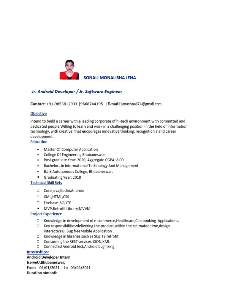 Sonali Jena Updated 2022 Resume | PDF | Android (Operating System) | Java (Programming Language)