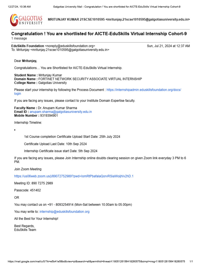 Galgotias University Mail - Congratulation ! You Are Shortlisted For ...
