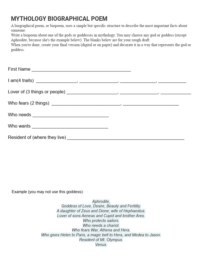 Grayson Hanson - Bio Poem - Mythology - 14223700 | PDF