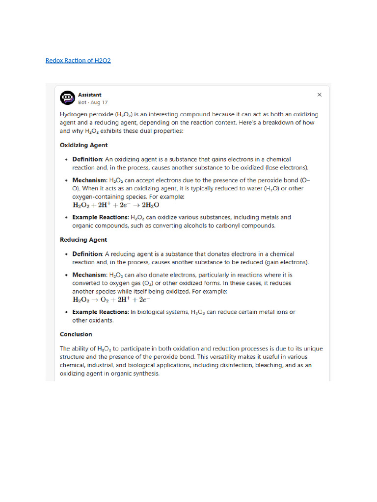 Redox Reactions of H2O2 Explained | PDF