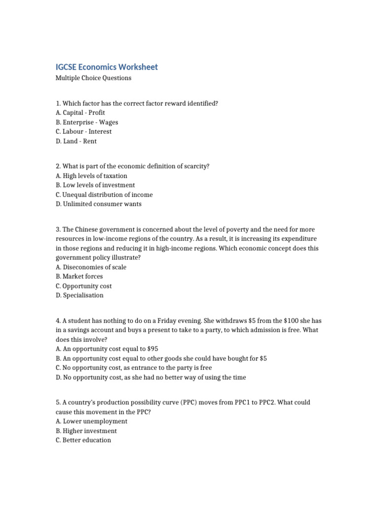 IGCSE Economics Worksheets with Answers | PDF