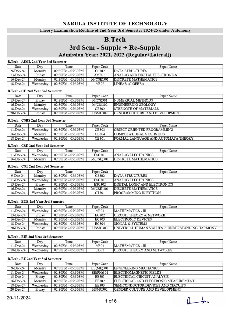 Backlog Exam Schedule-20-11-2024 | PDF | Electronic Circuits | Electronics