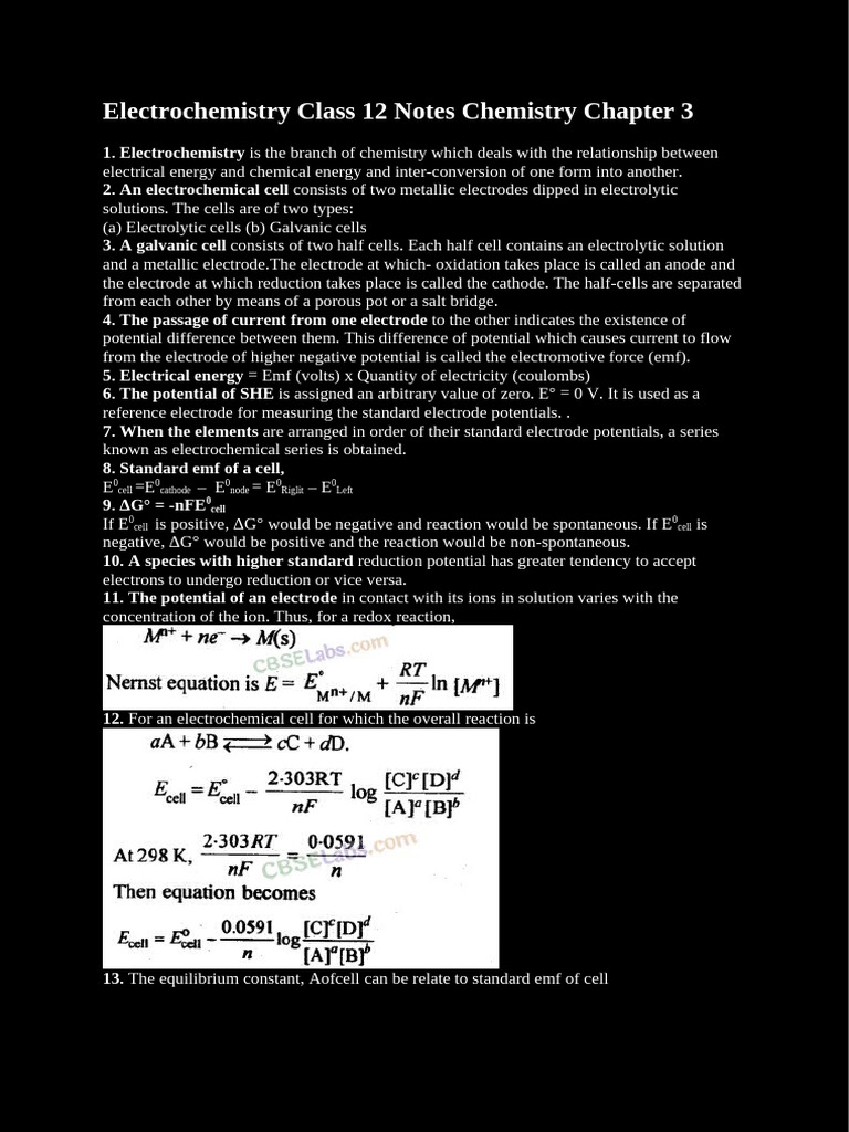 Electrochemistry Class 12 Notes Chemistry Chapter 3 | PDF ...