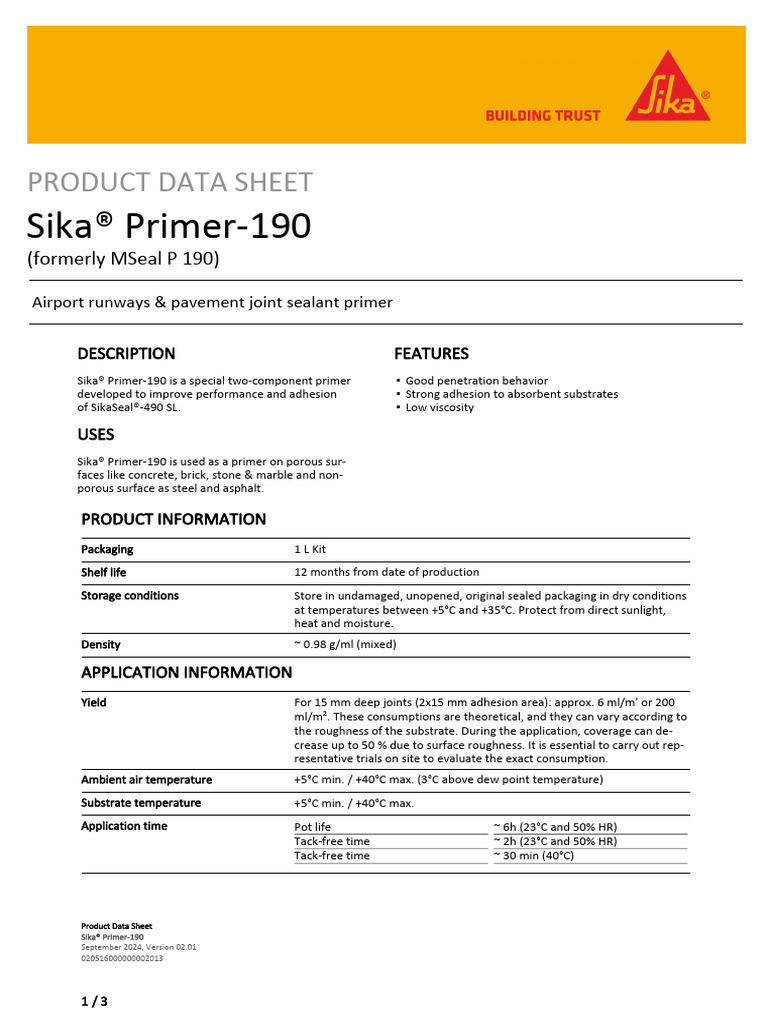 Sika® Primer-190 Product Overview | PDF | Materials | Building Engineering