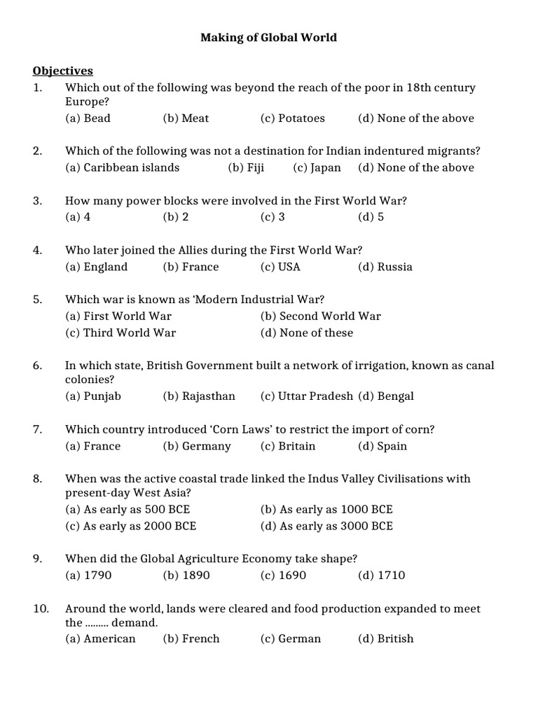 Class 10 MCQs: Making of Global World | PDF | Trade | Great Depression