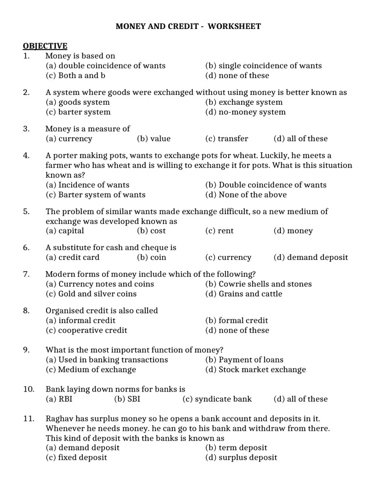 Class X - NCERT - MCQ's - Money and Credit | PDF | Money | Banks