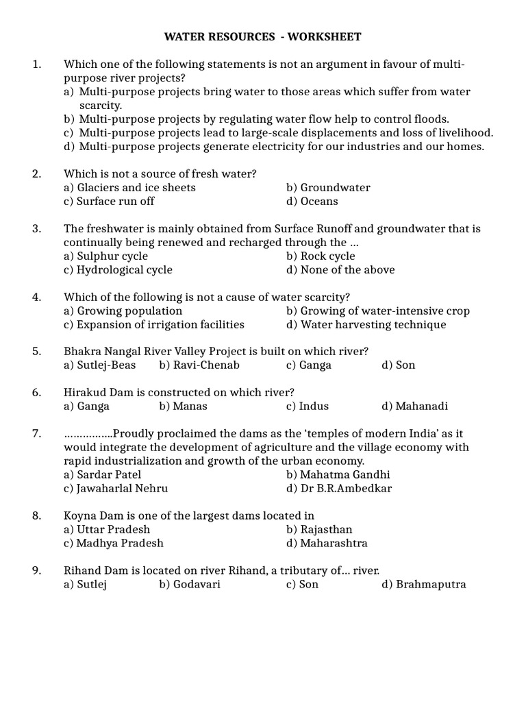 Class 10 Water Resources MCQs Worksheet | PDF | Water | River