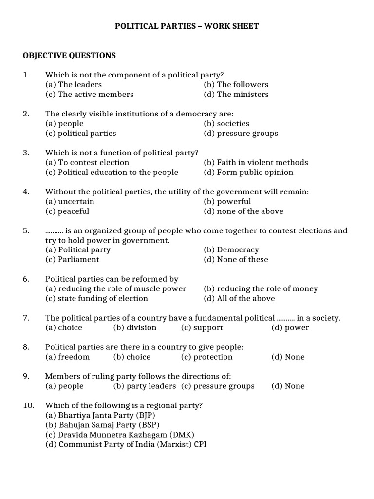 Class X - NCERT - MCQ's - Political parties worksheet | PDF | Bharatiya ...