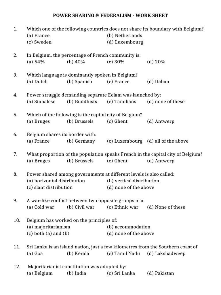 Class X - NCERT - MCQ's - Power sharing & Federalism work sheet | PDF ...