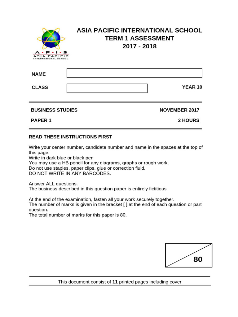 Year 10 Business Studies Exam Paper | PDF | Employment | Business