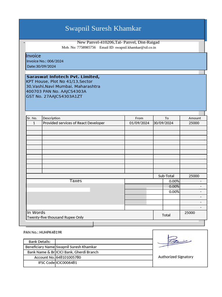 Swapnil Khamkar Invoice September Month | PDF