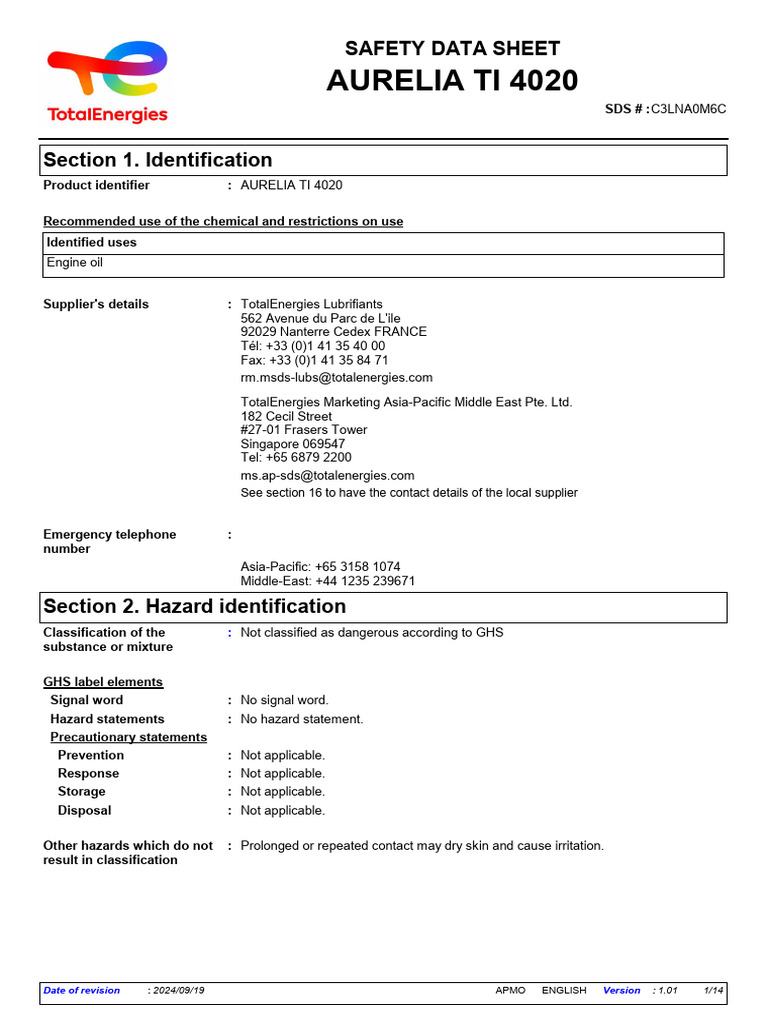 Aurelia TI 4020 Safety Data Sheet | PDF | Toxicity | Waste Management