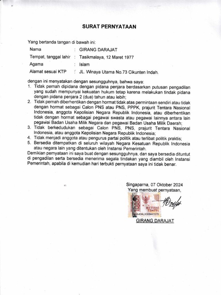 Surat Pernyattan Girang | PDF